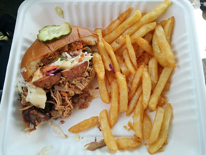 The pulled pork sandwich—where smoke meets soul. Those fries aren't just sides; they're essential supporting actors in this delicious drama.