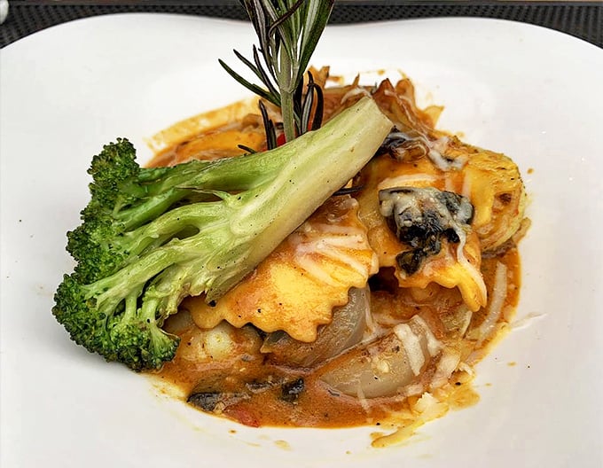 Pasta perfection that makes you wonder if ravioli has been holding out on us all these years—each bite a delicate balance of textures and flavors.