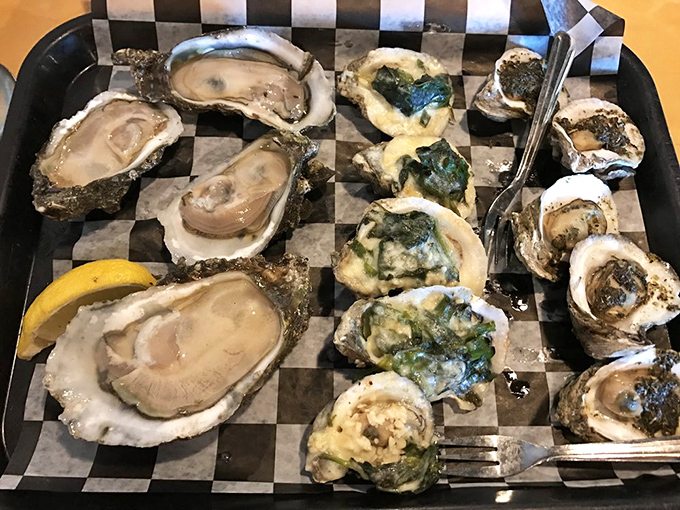 Raw oysters on one side, their dressed-up cousins on the other—a family reunion where everyone gets along deliciously.