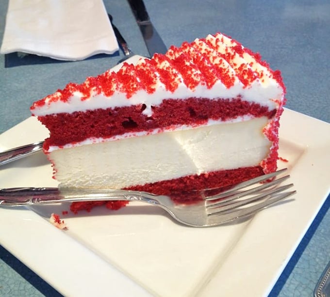 Red velvet cheesecake that looks like it belongs in a museum – though it tastes too good to last that long.