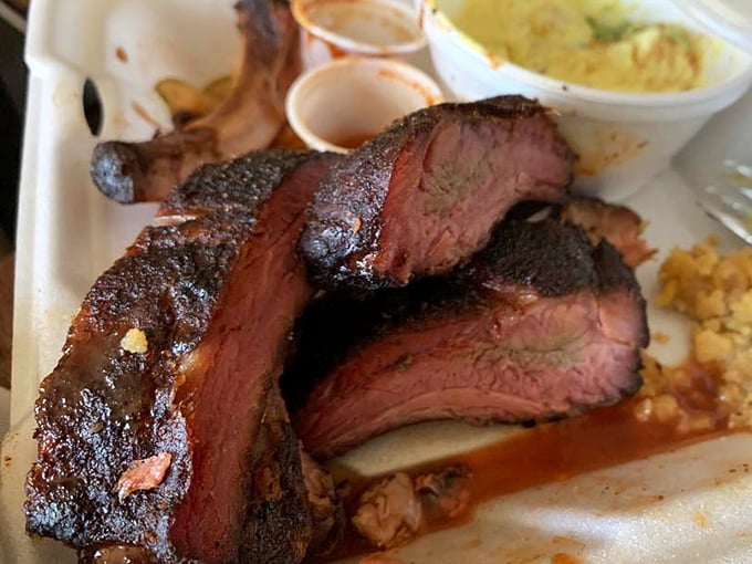 These ribs have that mahogany bark that makes barbecue lovers weak in the knees—the kind of smoke ring that should be framed and hung in a museum of meat artistry.