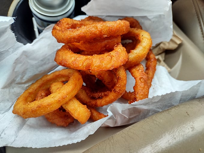 These onion rings deserve their own fan club – crispy, golden circles of deep-fried perfection.