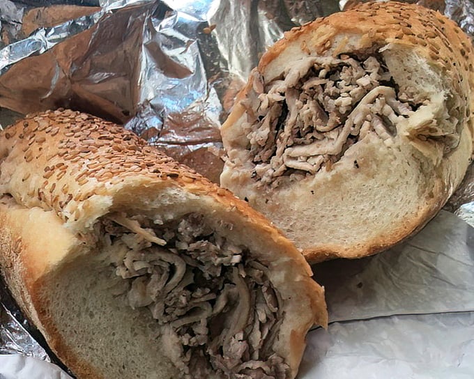 The roast pork sandwich that launched a thousand road trips—thinly sliced, perfectly seasoned, and ready for its close-up on any respectable food bucket list.