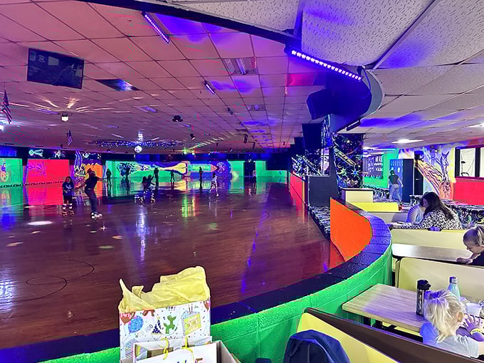 Inside Roll-R-Way, neon lights and polished wood floors create a time capsule where multiple generations have perfected their wobbly circles.