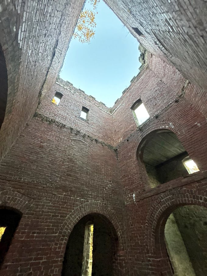 Look up! The roofless interior creates nature's skylight, where brick walls frame perfect squares of Ohio sky—architecture's answer to convertible cars.