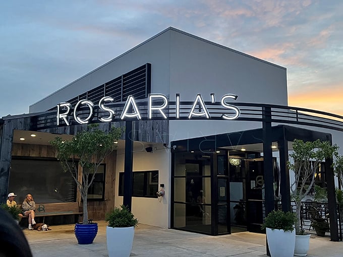 Rosaria's sleek, modern facade glows at sunset, promising culinary adventures that would make your Italian grandmother both jealous and proud.
