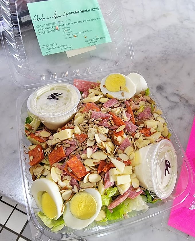 A salad that defies the "sad lunch" stereotype – loaded with meats, cheese, nuts, and eggs, it's what vegetables dream of becoming when they grow up.