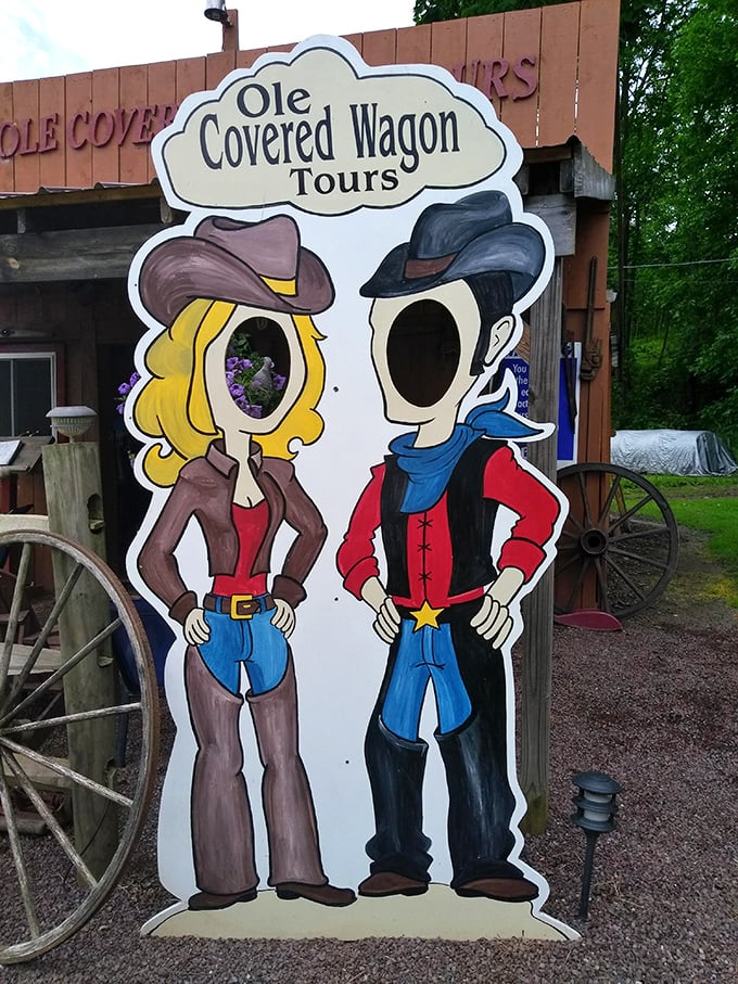 The Old West comes alive with this playful photo opportunity—where modern visitors can literally put themselves in the picture of frontier life.