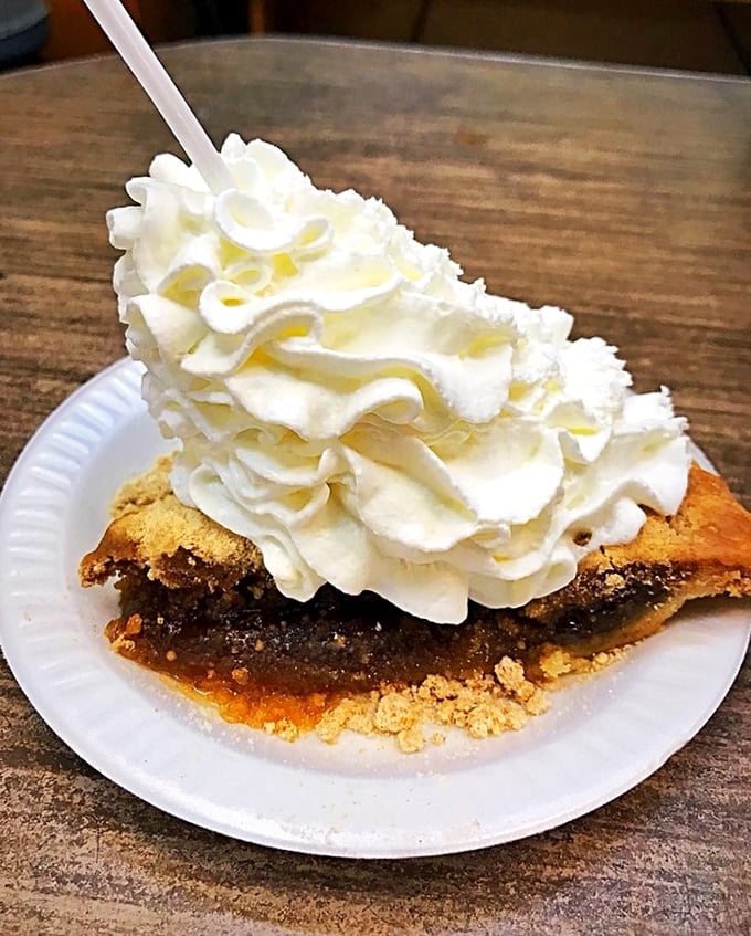 A slice of shoo-fly pie crowned with a mountain of whipped cream – because sometimes more is exactly the right amount.