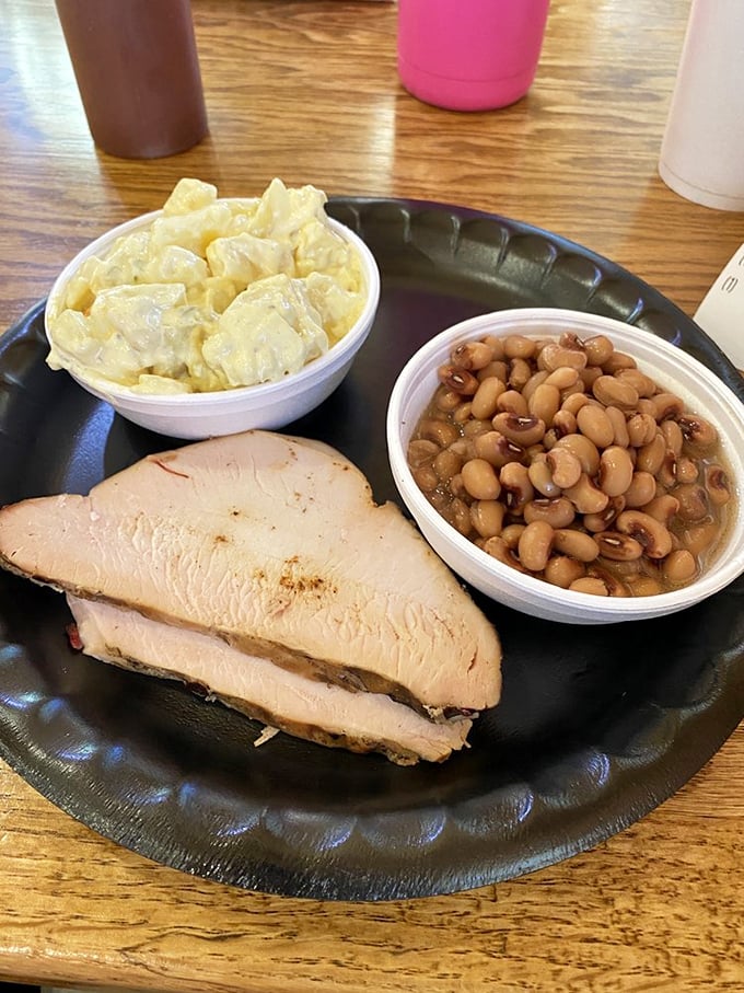 Turkey that defies the "dry poultry" stereotype – juicy, smoky slices accompanied by creamy potato salad and baked beans that mean business.