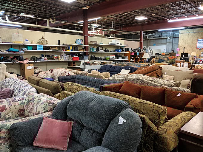 The couch museum of Branson! This sea of sofas offers everything from grandma-chic florals to sturdy classics ready for their next family.
