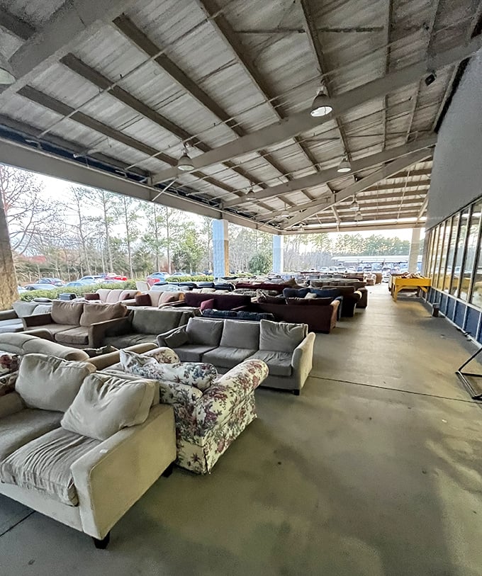 Sofa safari under the covered pavilion. That floral print loveseat might just be the conversation piece your living room desperately needs.