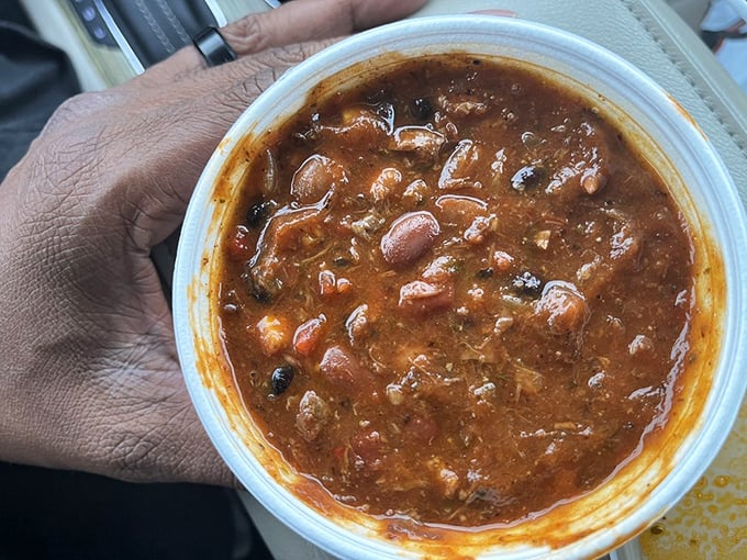 Texas chili that looks like it could win a state fair competition. Those beans aren't just swimming—they're doing the backstroke in a pool of savory, spiced perfection.