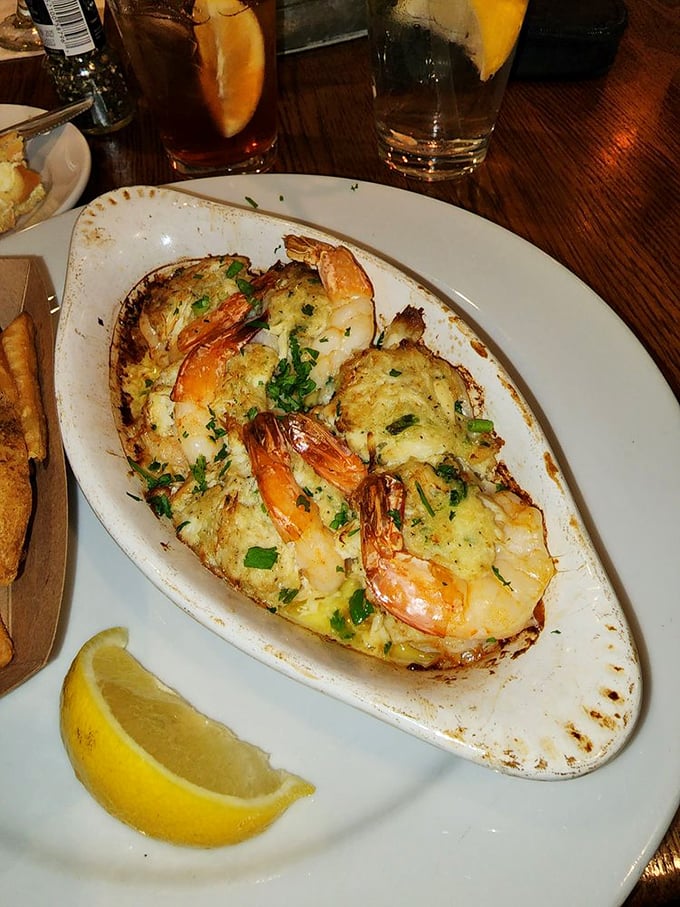 These stuffed shrimp aren't just dinner—they're edible art. Broiled to perfection and ready for their close-up before disappearing forever. 