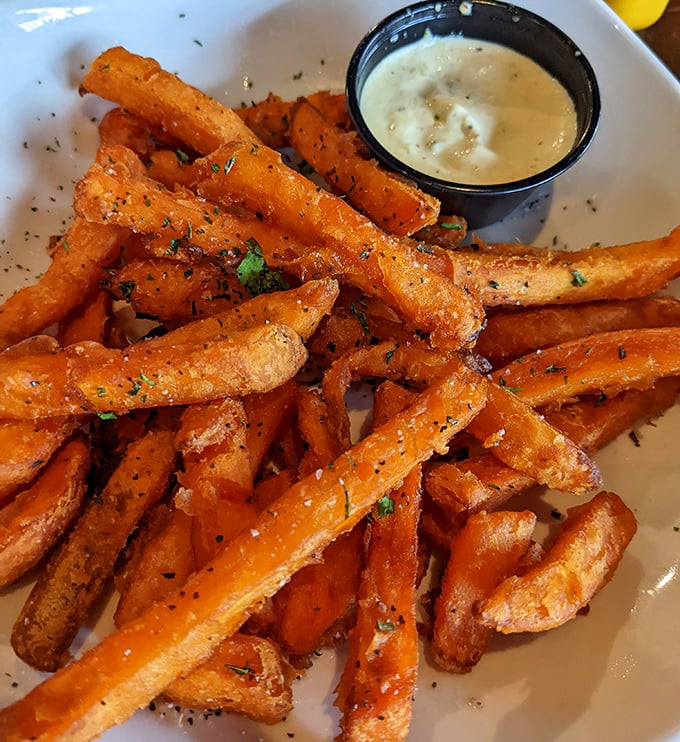 Sweet potato fries with herbs and dipping sauce—proof that vegetables can have fun too.