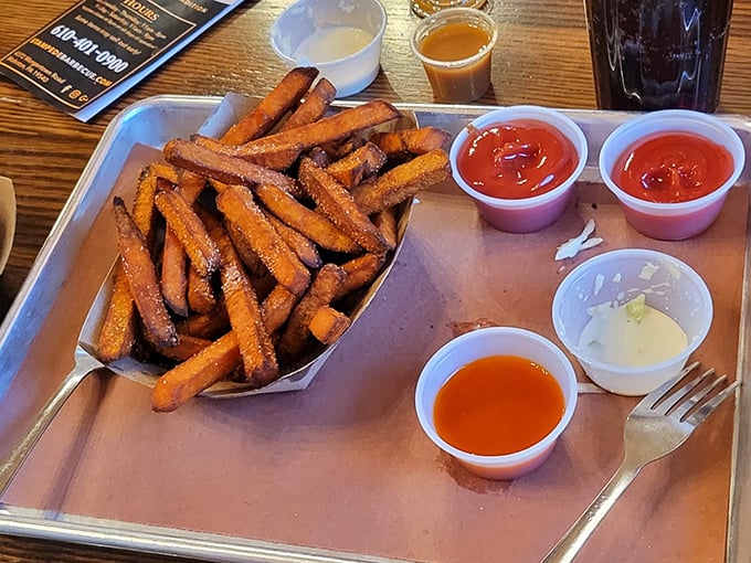 Sweet potato fries with a lineup of sauces – like speed dating for your taste buds. Each dip reveals a new personality.