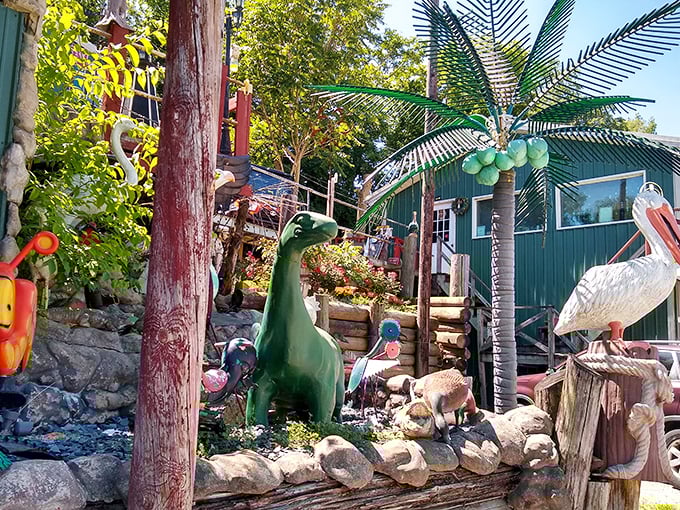 Whimsy meets imagination at this eclectic outdoor display, where dinosaurs and palm trees create an unexpected oasis in the heart of Ohio.