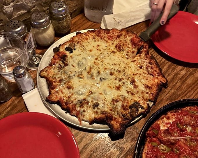 Pizza architecture at its finest – layers of cheese, sauce, and toppings built on a foundation of perfectly baked crust. This is structural integrity you can taste.