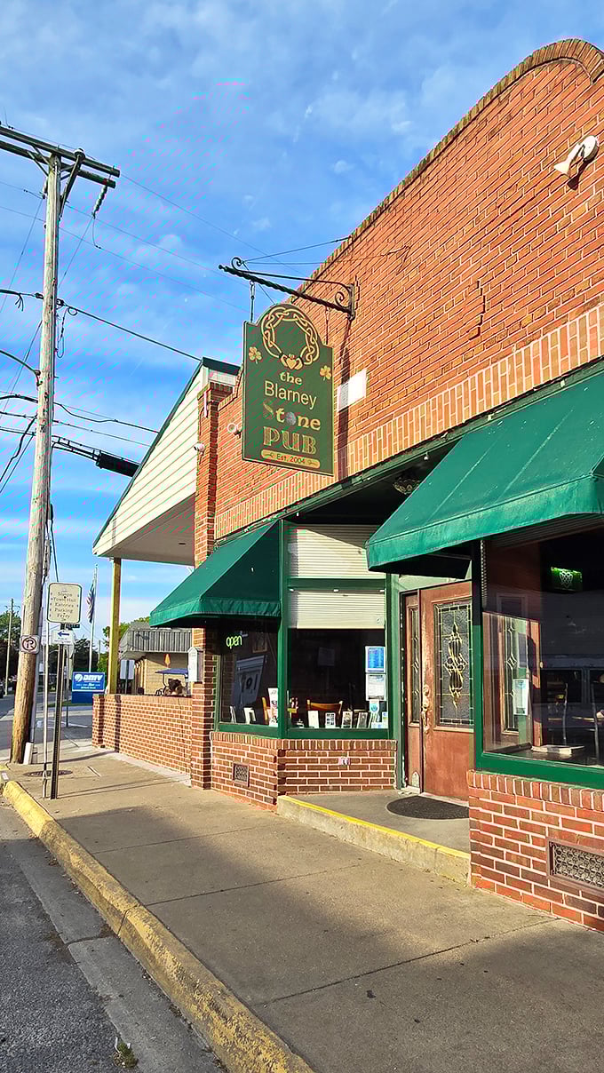 The Blarney Stone Pub: where Irish hospitality meets Eastern Shore charm. That green awning practically winks at you to come inside.