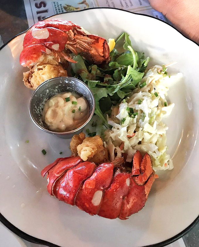 Lobster tails that got the Southern treatment – crispy-fried and served with slaw that cuts through the richness like a well-timed punchline.
