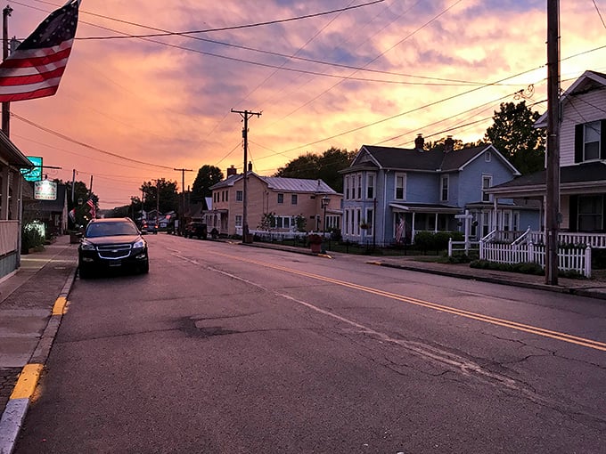 Sunset bathes Waynesville's residential streets in golden light, turning ordinary homes into something from a Hallmark movie's opening scene.