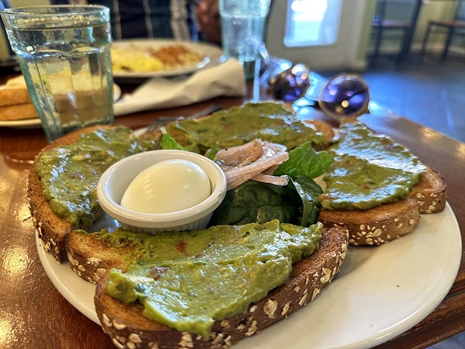 The toast gets the royal treatment here, with perfectly poached eggs that steal the show.