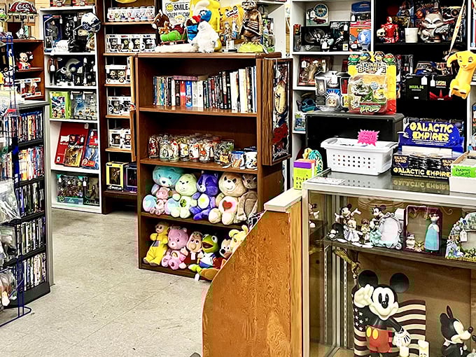 Stuffed animals and action figures stand at attention, waiting for new homes. Childhood memories aren't just preserved here—they're ready for adoption.