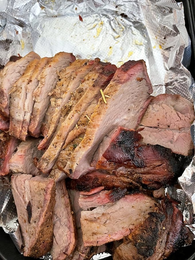 Tri-tip that's blushing pink in all the right places. California's contribution to barbecue deserves this kind of respect.