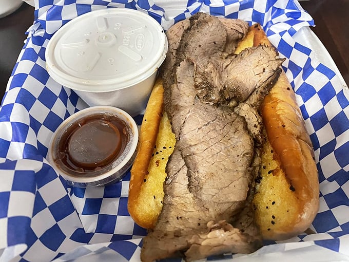The tri-tip sandwich—California's gift to the BBQ universe—piled high with tender slices of beef that make you question why you'd eat anything else.