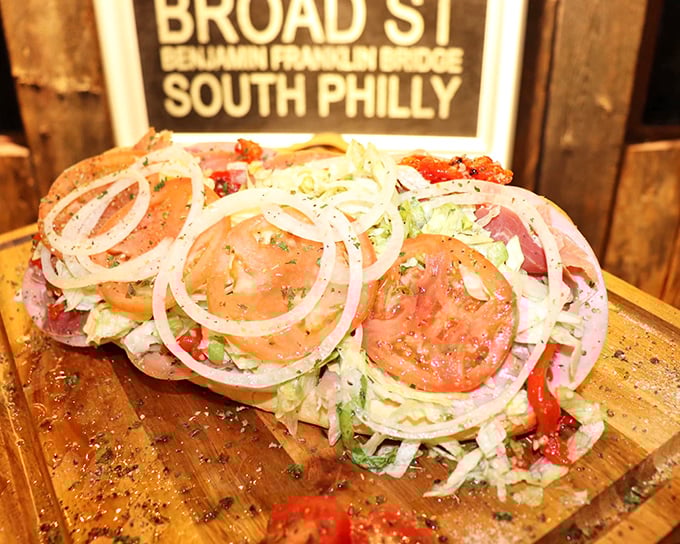 This isn't just a hoagie – it's a skyscraper of freshness with perfectly layered ingredients that would make any deli counter weep with envy.