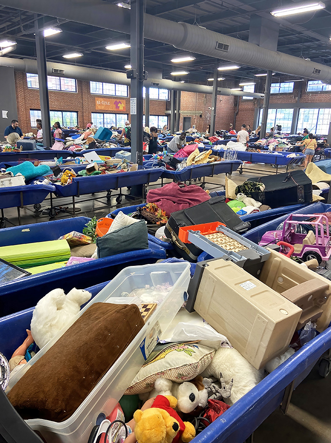 Organized chaos at its finest. Each bin tells a hundred stories—the stuffed animals alone could write a children's book about their journey here.