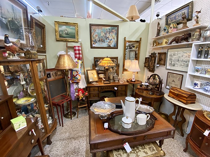 A perfectly staged vignette that whispers, "Your home could look this interesting." Forget minimalism—maximalism with vintage flair is calling your name.