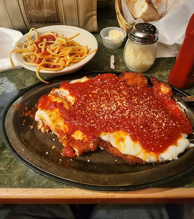 Veal parmesan that doesn't know the meaning of restraint. That sauce blanket and cheese comforter would make any Italian grandmother nod in approval.