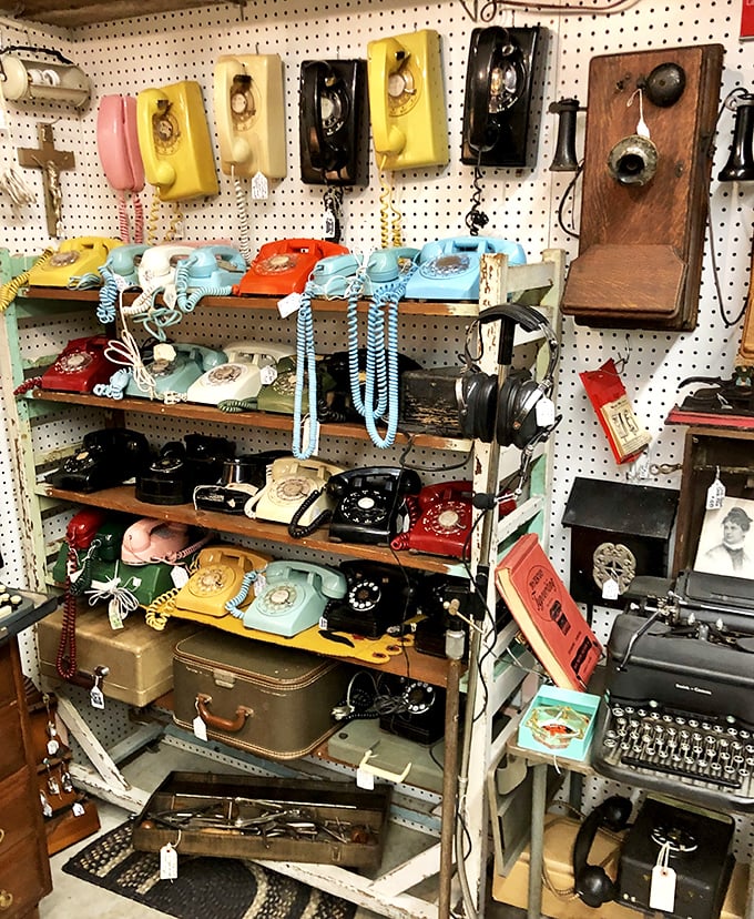 The wall of vintage telephones tells the evolution of communication—from "Number please?" to "Can you hear me now?" in one nostalgic display.