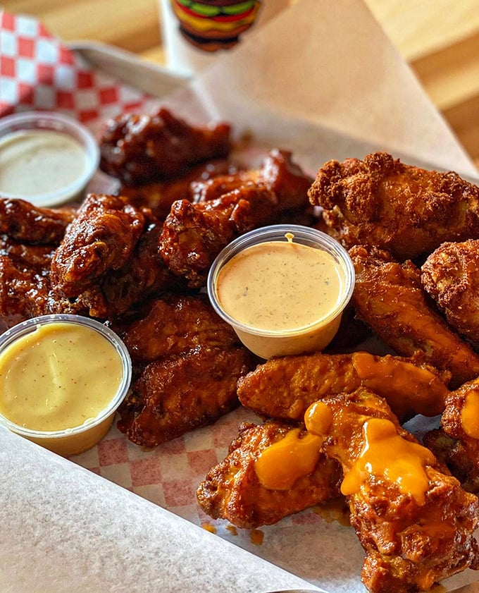 These wings aren't playing around – crispy, saucy, and served with dipping options that make sharing an act of true friendship.