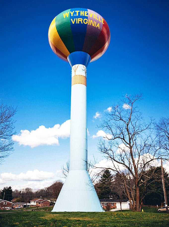 Wytheville's colorful water tower stands as both landmark and local pride—like a hot air balloon that decided to stay permanently.