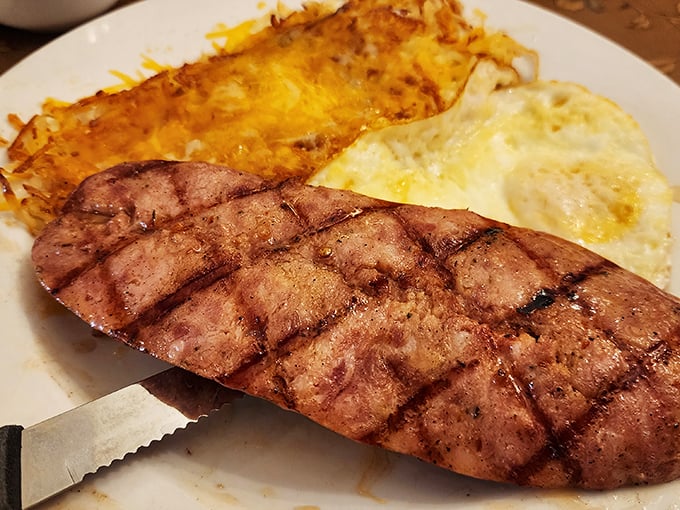Steak and eggs—the breakfast of champions, or anyone who plans to skip their next two meals. Those hash browns deserve their own fan club.
