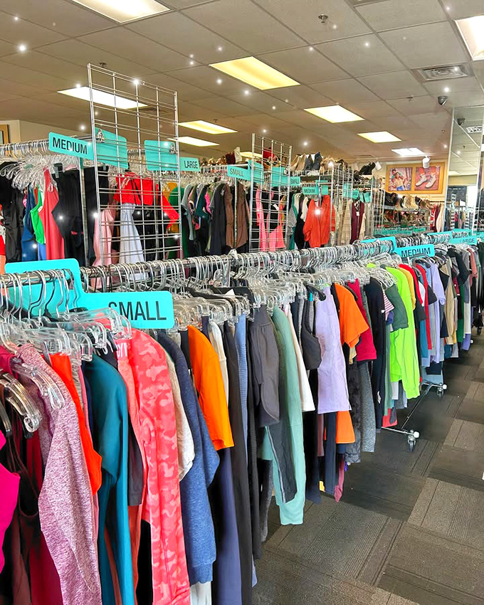 Organized chaos at its finest—racks color-coded and size-sorted make finding that perfect tee as easy as spotting sprinkles on ice cream.