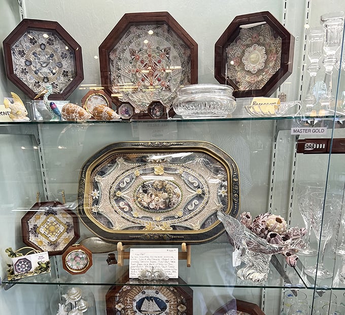 These intricate shellwork pieces in octagonal frames represent countless hours of Victorian patience – the original Pinterest projects before electricity was invented.