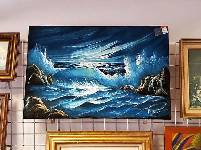 Ocean waves crash dramatically in this thrift store painting – the kind of conversation piece that makes guests ask, "Where did you find that?"