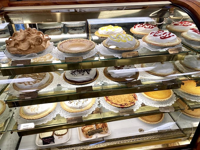 The pie case at Blue Gate – where willpower goes to die and "I'll just have a small slice" becomes the day's biggest fiction.