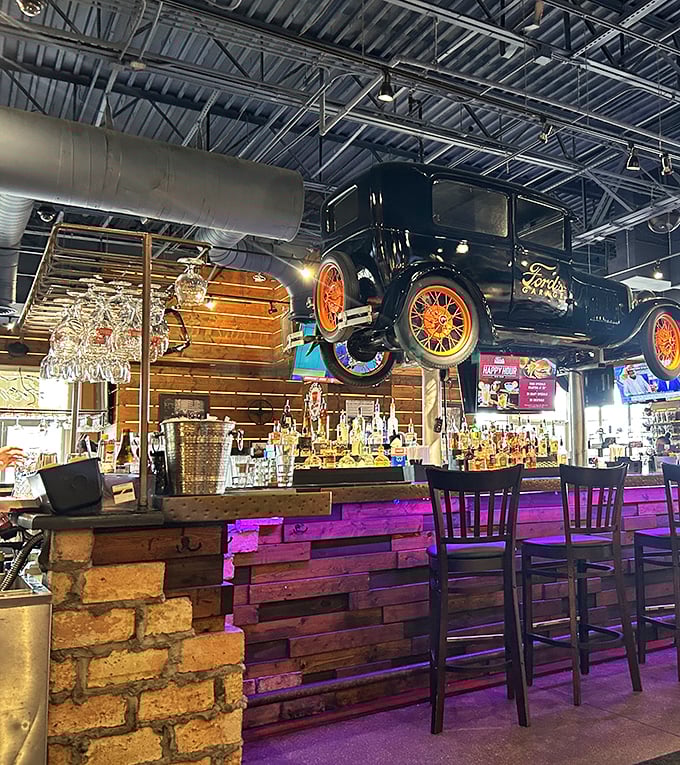 This isn't just a bar – it's a vintage-themed oasis where shoppers refuel with liquid courage before tackling the next round of sales.