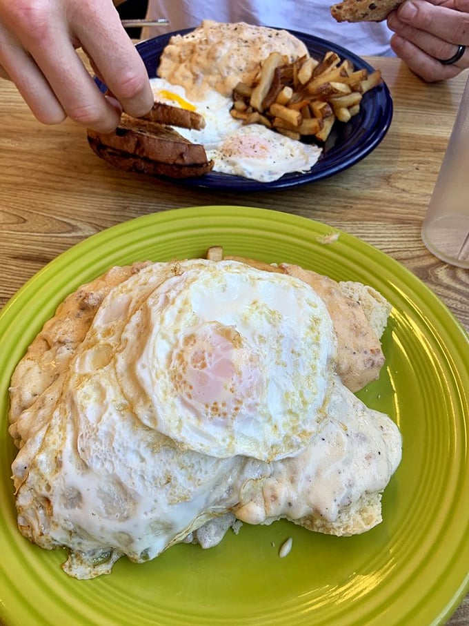 Biscuits and gravy nirvana! That pepper-speckled gravy blanket covering golden-fried goodness is what breakfast fantasies are made of.