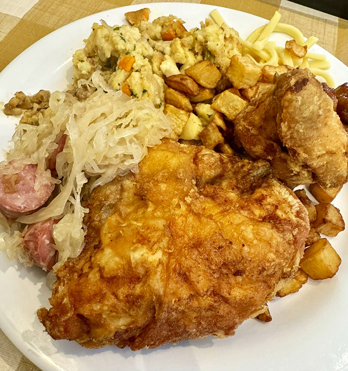 Behold the art of strategic buffet plate arrangement—crispy chicken, savory sides, and sauerkraut creating a masterpiece that would make Renaissance painters weep.