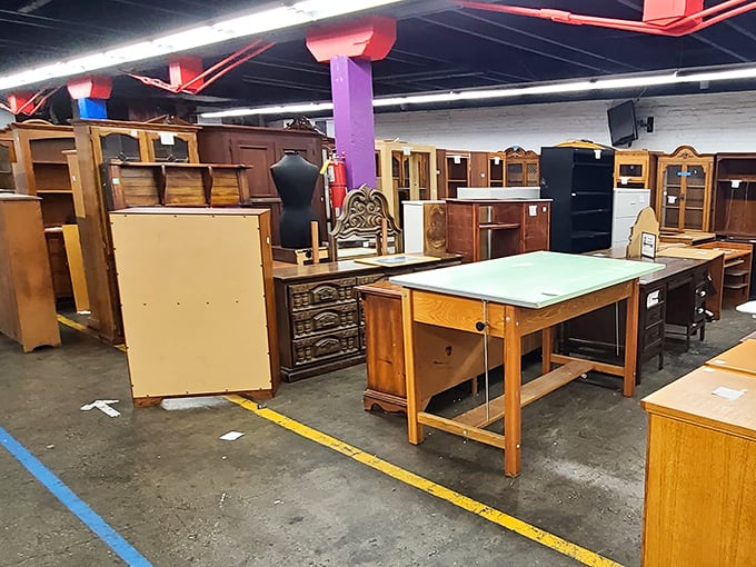 This isn't just furniture—it's a wooden United Nations of cabinets, desks, and drawers with stories to tell.