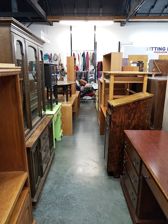 Furniture alley – where solid wood dressers and cabinets stand at attention, waiting for someone to recognize their potential.