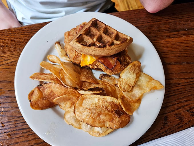 Breakfast meets dinner in this beautiful marriage of crispy waffle and fried chicken. Morning and evening never tasted so good together.