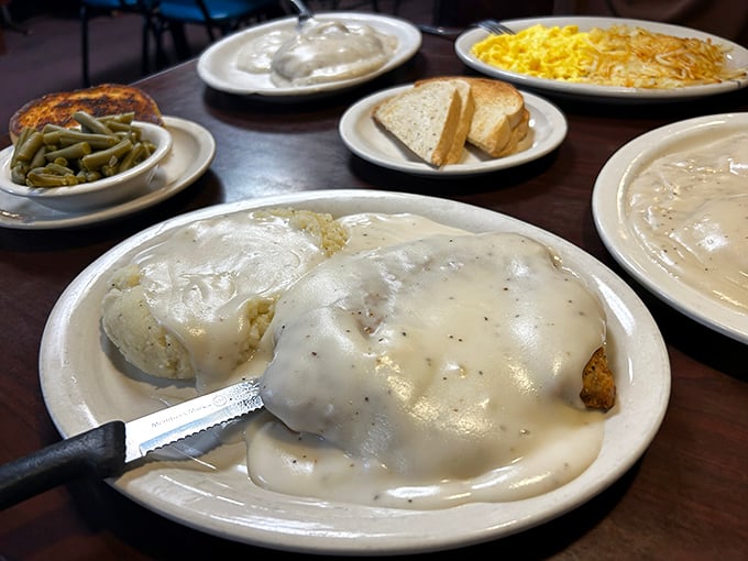 Country-fried steak smothered in gravy so good you'll want to write poetry about it. The mashed potatoes aren't just a side—they're a co-star.