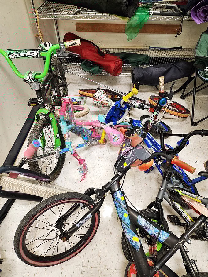 A kaleidoscope of kids' bikes awaits new adventures—proof that outgrowing wheels doesn't mean they can't roll into someone else's childhood memories.