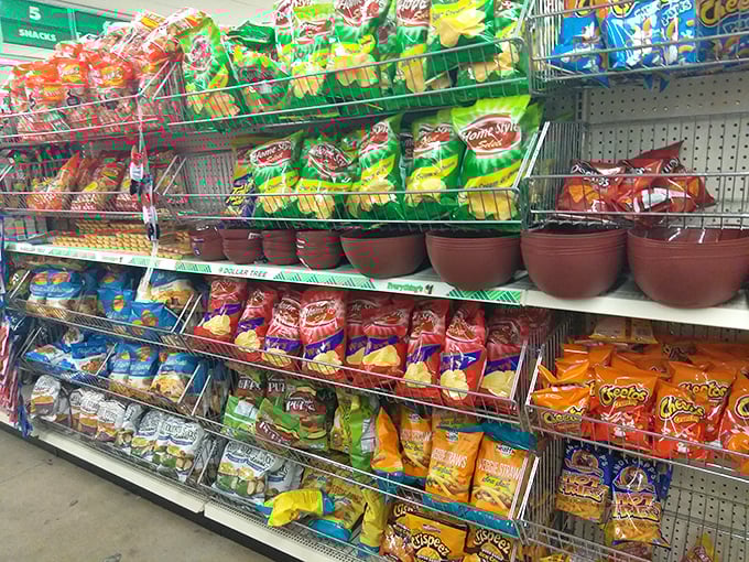 Snack heaven arranged in tempting tiers. Name-brand munchies mingle with budget-friendly alternatives in this carb-lover's paradise.